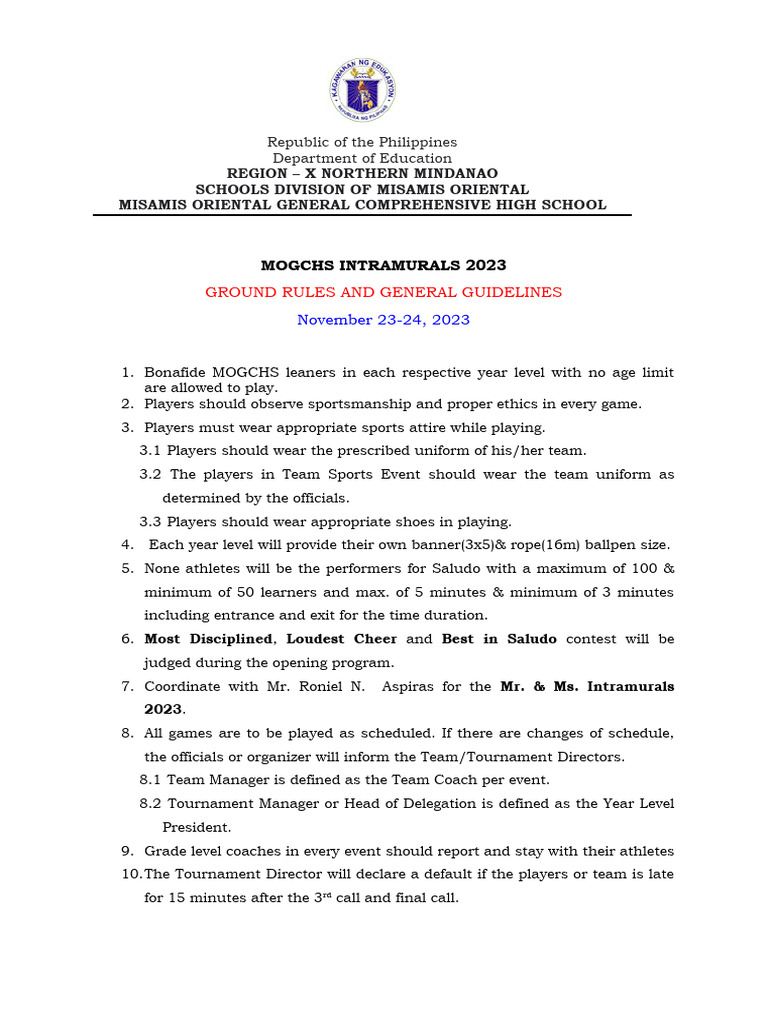 MOGCHS Intramurals 2023 Guidelines | PDF | Sports | Entertainment