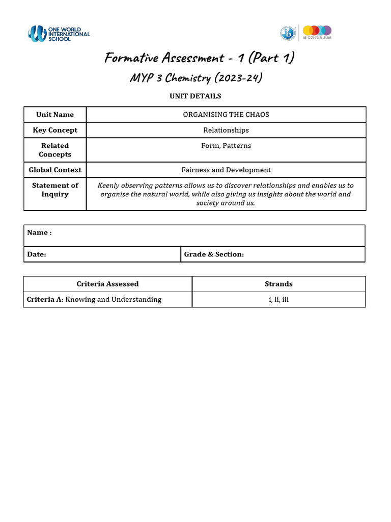 Student Copy Key M3 CHEM UNIT1 FA1 Part1 Criterion A 23-24 Answer Key ...