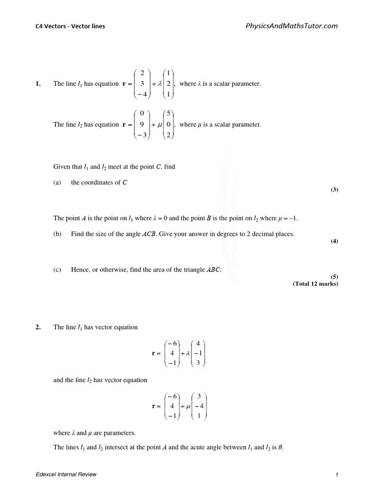 C4 Vectors - Vector Lines | PDF | Euclidean Vector | Equations