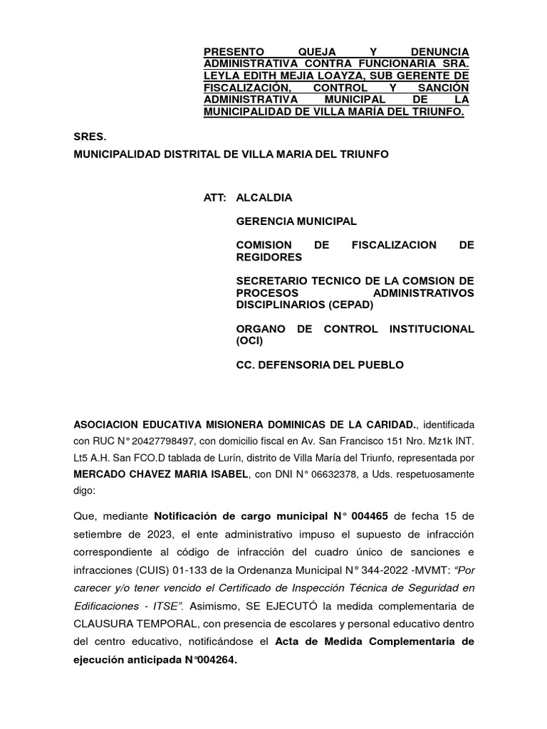 Queja Administrativa Colegio Santa Maria Del Rosario | PDF | Derecho ...