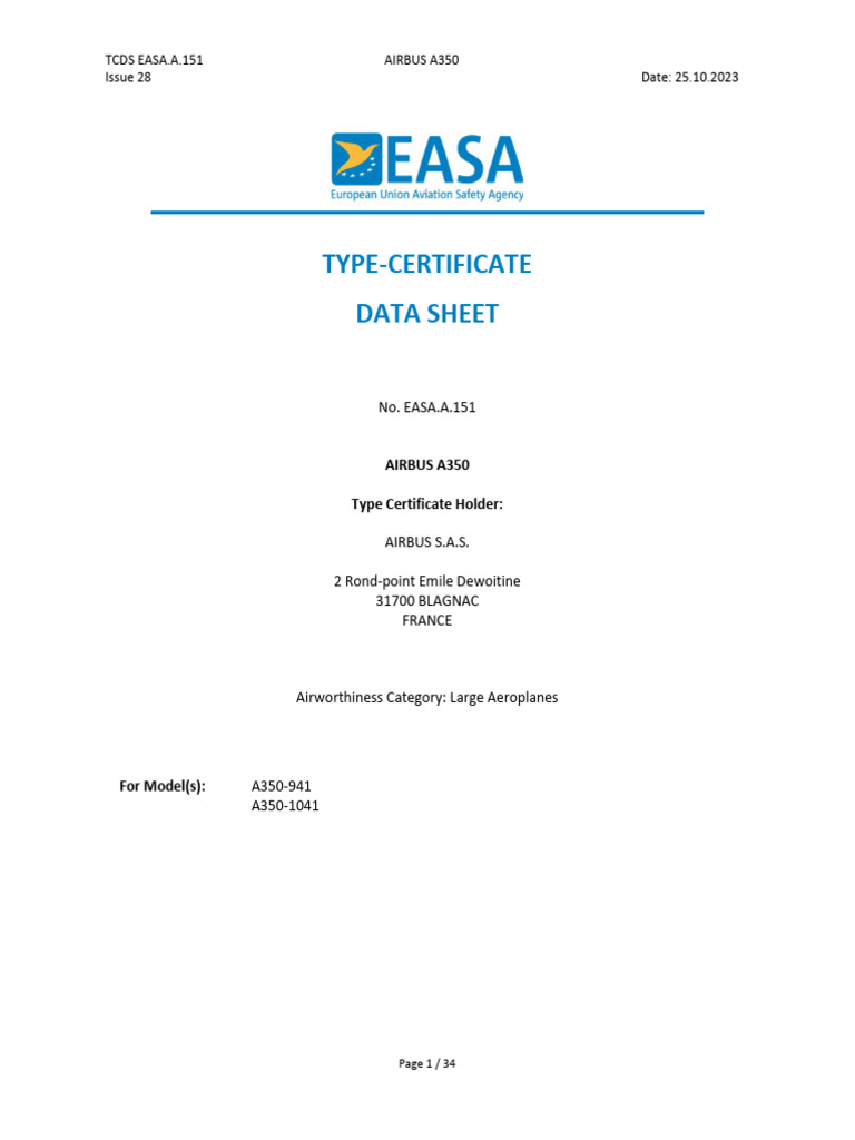 TCDS A350 Ref EASA.A.151 Issue 28 | PDF | Aircraft | Aviation
