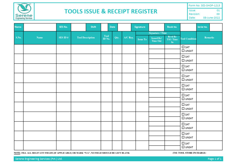 1213-SES-SHOP Tool Issue and Receipt Register | PDF