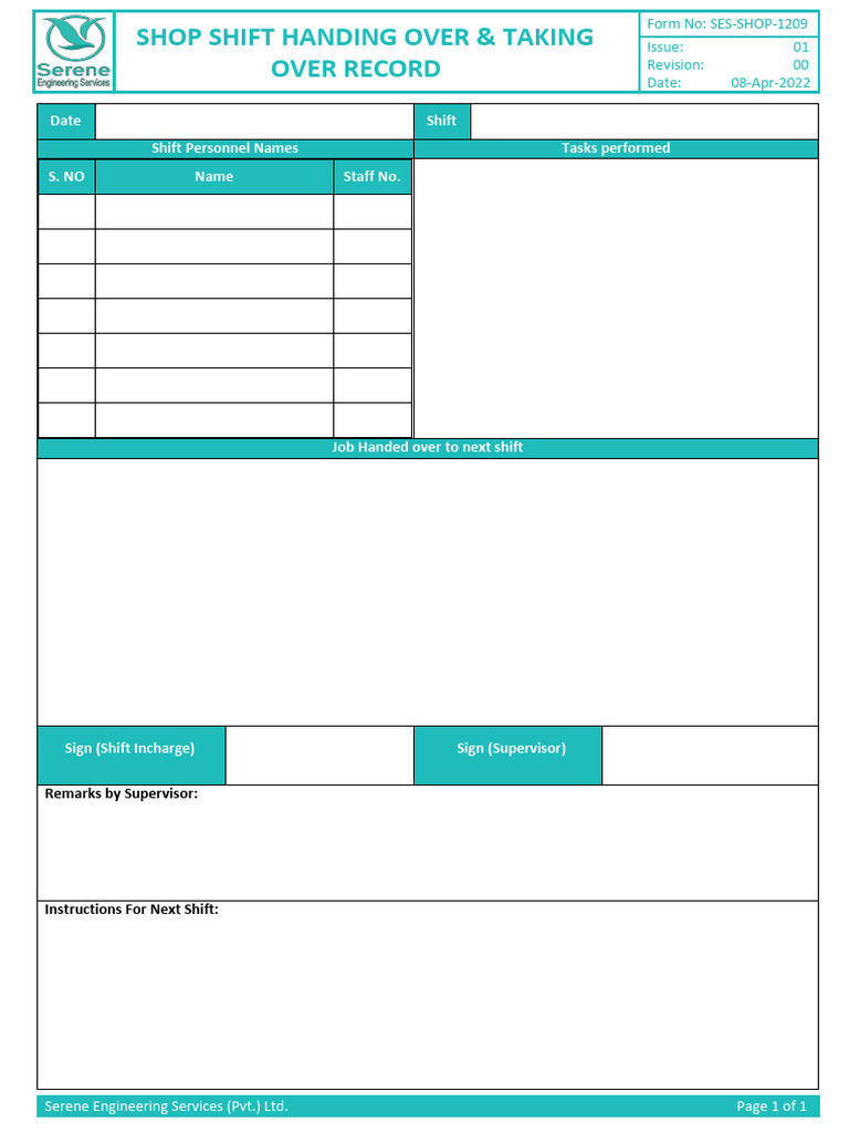 1209-Ses-Shop Shop Shift Handing Over & Taking Over Record | PDF