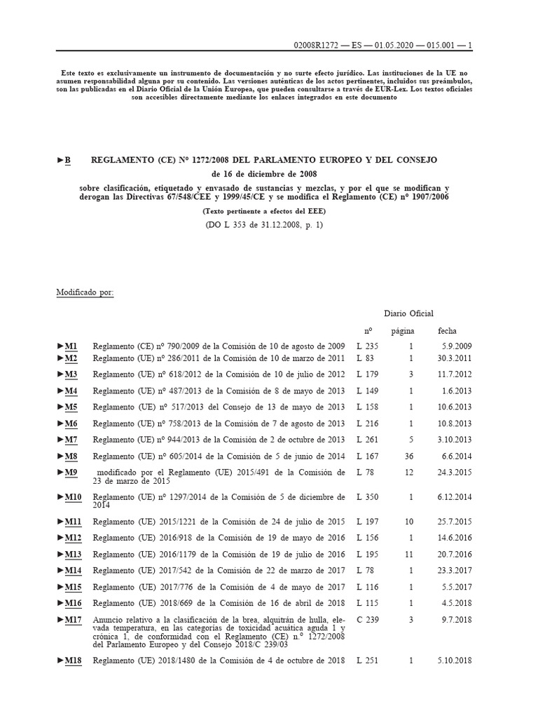 R 1272-2008 Clasificación, Etiquetado y Envasado Sustancias (CLP) | PDF ...