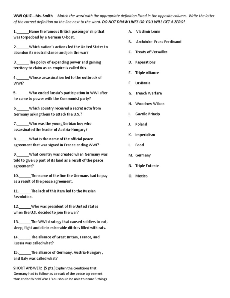 WWI Quiz: Match Terms and Definitions | PDF