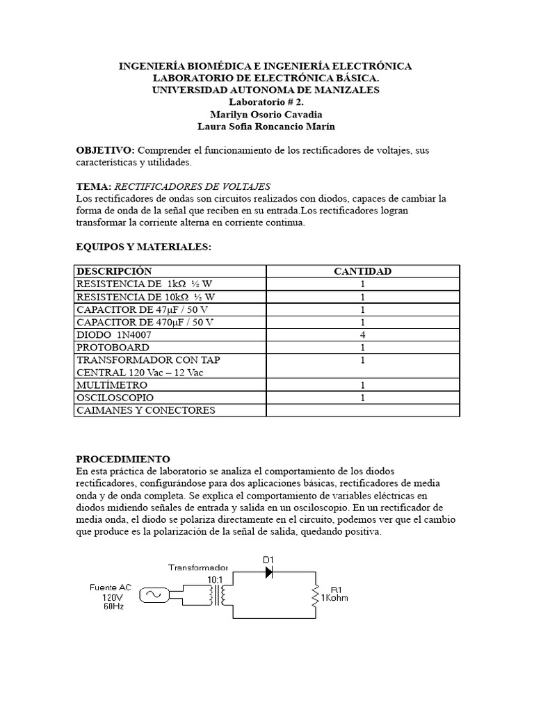 Laboratorio #2 - Rectificadores de Voltaje | PDF | Rectificador | Diodo