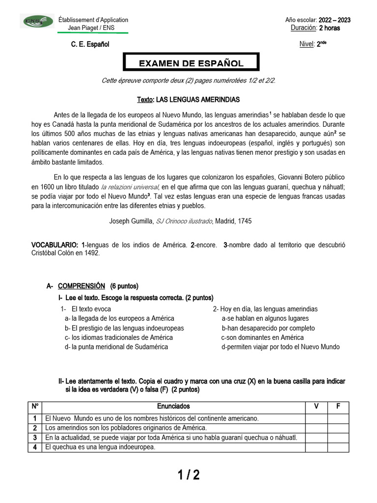 Examen Lenguas Amerindias 2nde 2 | PDF | Estudios de idiomas extranjeros