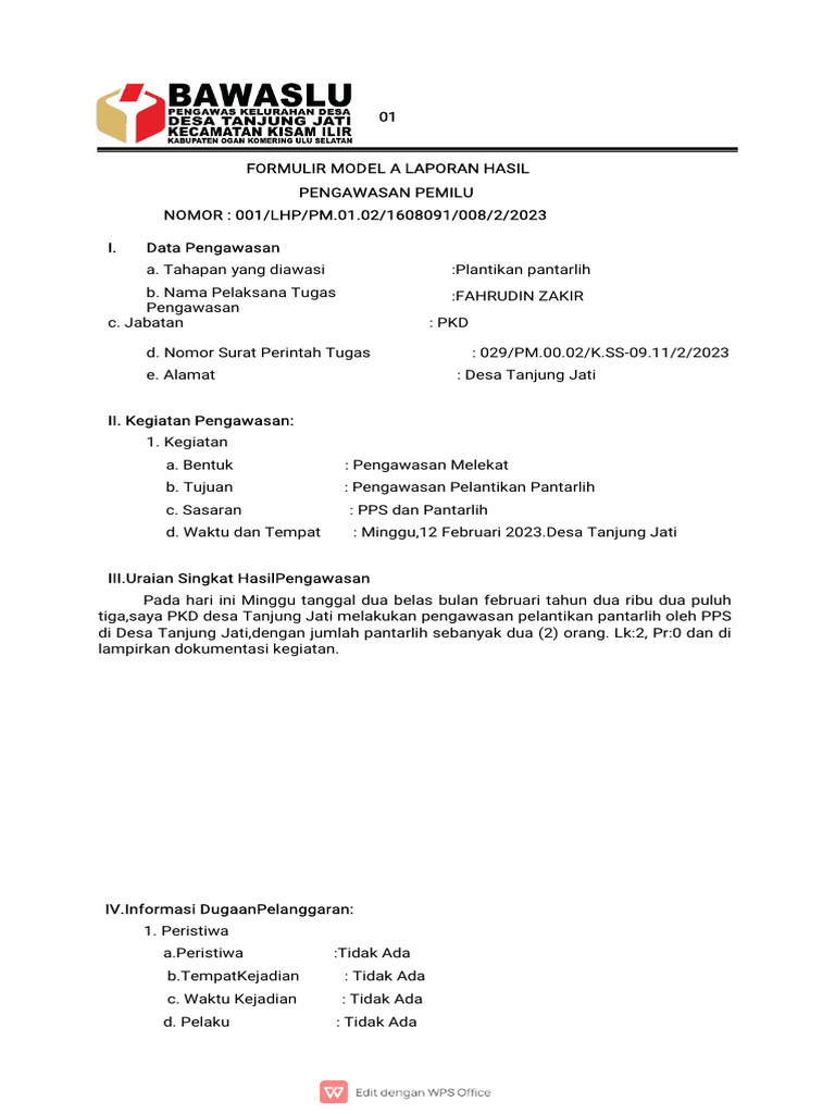 Tanjung Jati - Form A - Pengawasan Pelantikan Pantarlih | PDF Tanjung Jati - Form A - Pengawasan Pelantikan Pantarlih | PDF