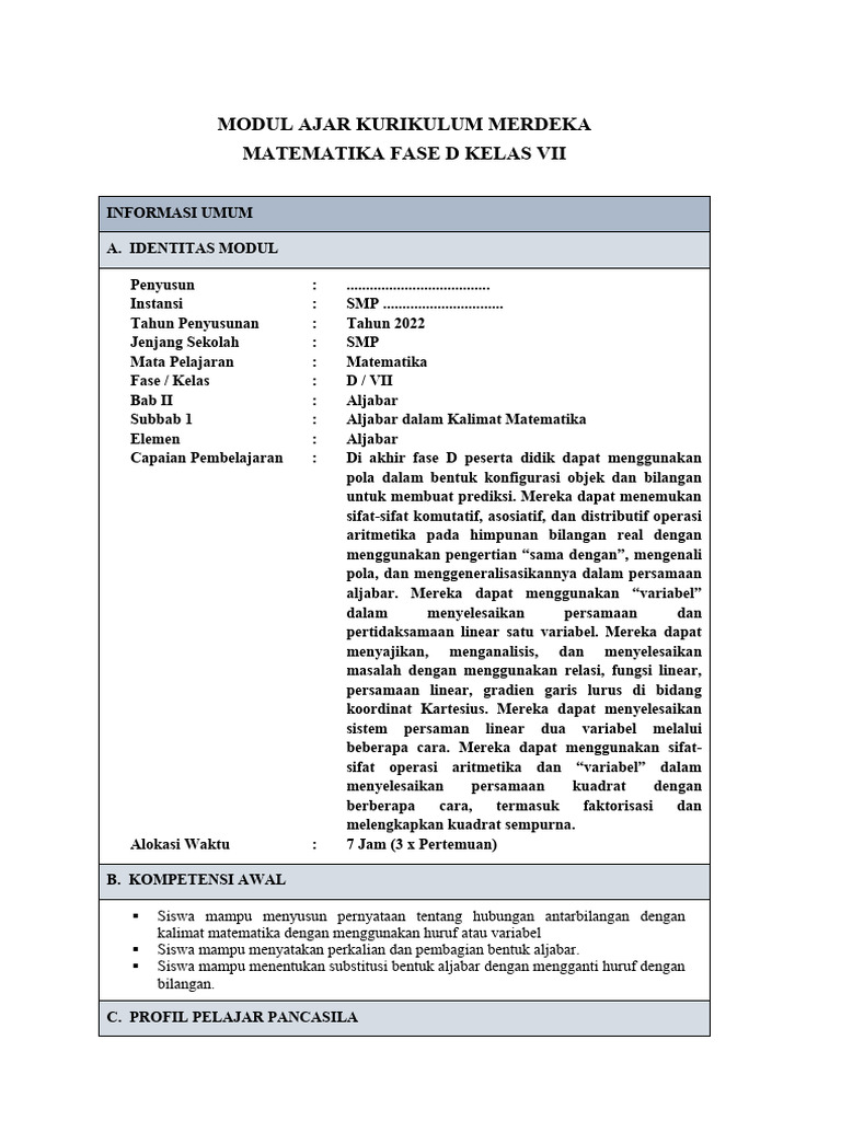 Modul Aljabar | PDF | Metode & Bahan Ajar | Seni