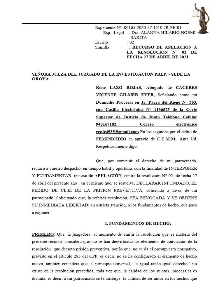Oroya Gilmer - Apelacion de Cesacion D Eprision Preventiva | PDF | Ley ...
