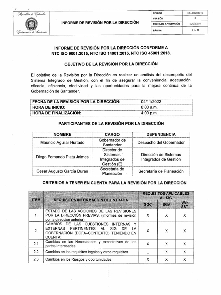 Informe de Revision Por La Direccion 2022 | PDF Informe de Revision Por La Direccion 2022 | PDF