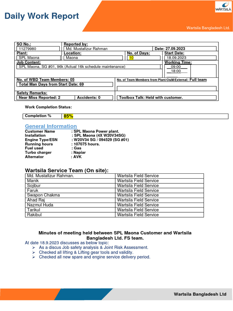 SPL Maona SG#1, 96K Daily Job Update Report | PDF | Piston | Valve