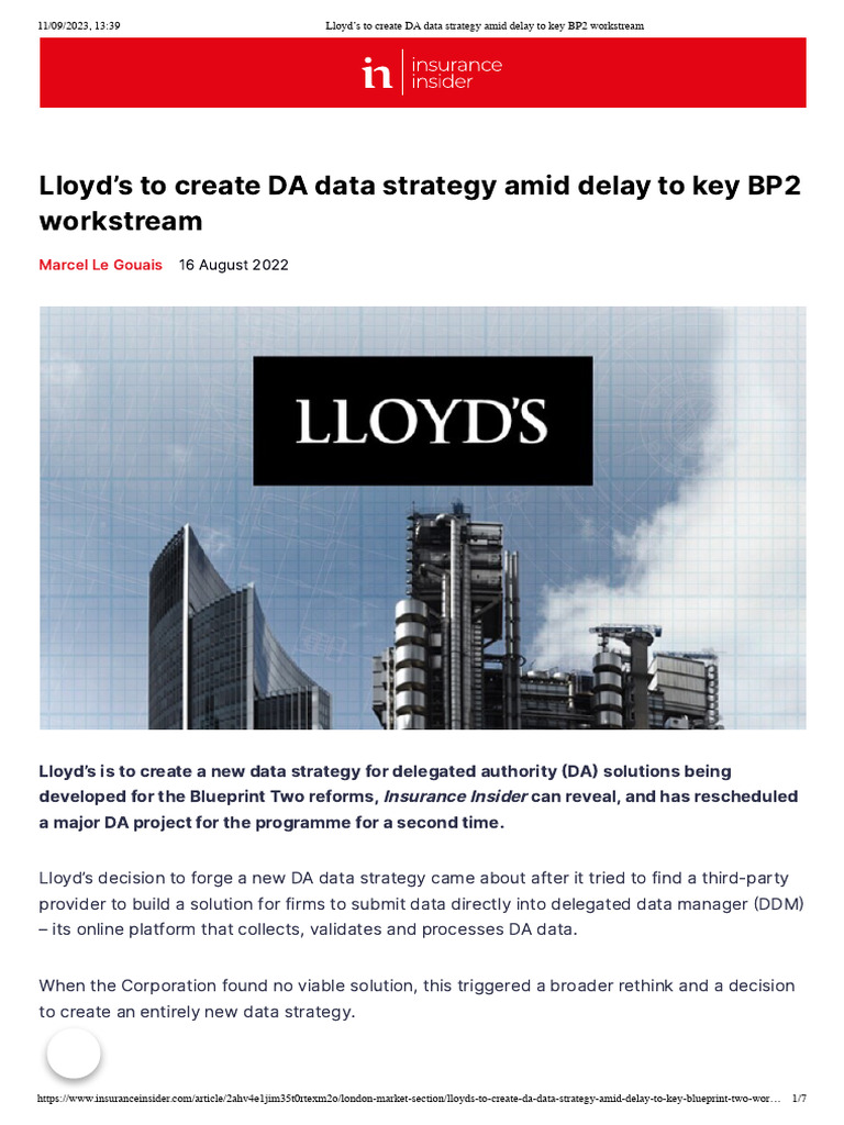 Lloyd's To Create DA Data Strategy Amid Delay To Key BP2 Workstream | PDF | Computing | Business
