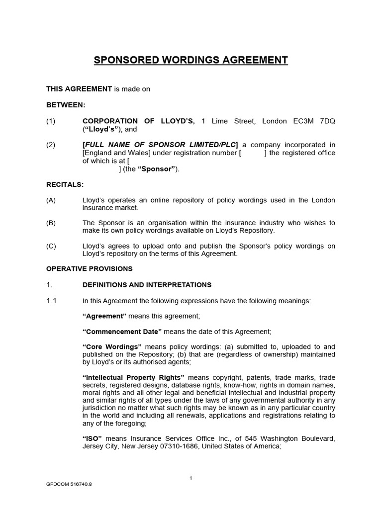 Wordings Repository Sponsored Wordings Agreement 070718 | PDF | Indemnity | Legal Liability