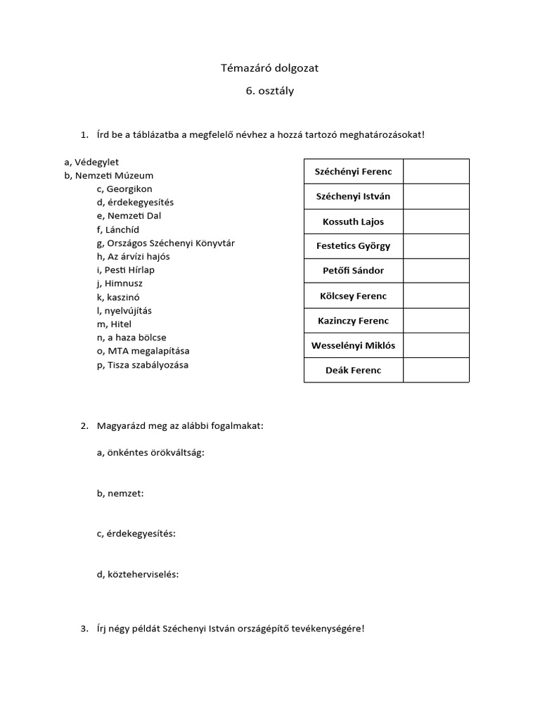 Témazáró Dolgozat (Reformkor) | PDF