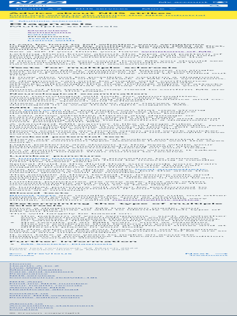Multiple Sclerosis - Diagnosis - NHS | PDF | Multiple Sclerosis | Neurology