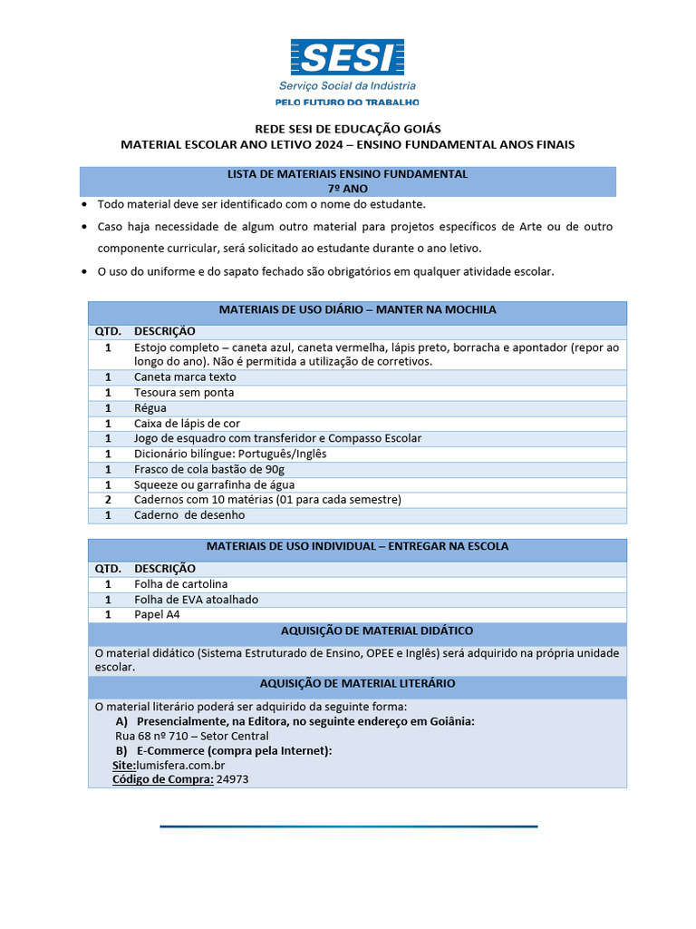 Material Escolar 7º Ano 2024 SESI | PDF