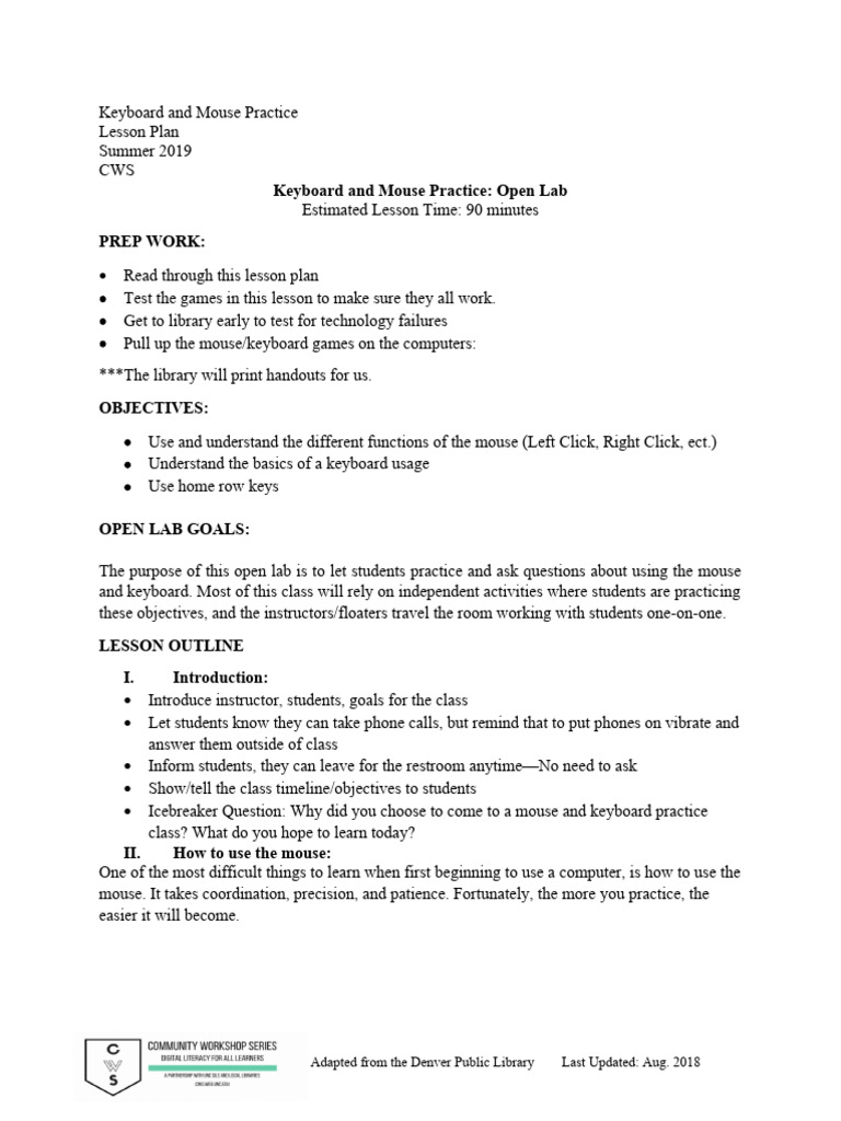 Keyboard and Mouse Practice CWS Lesson Plan Summer 2019 Kehoe Katie ...