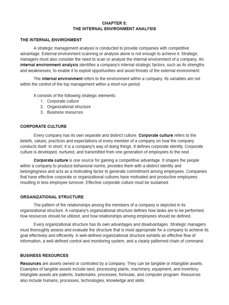 Chapter 5 THE INTERNAL ENVIRONMENT ANALYSIS | PDF | Organizational Culture | Strategic Management