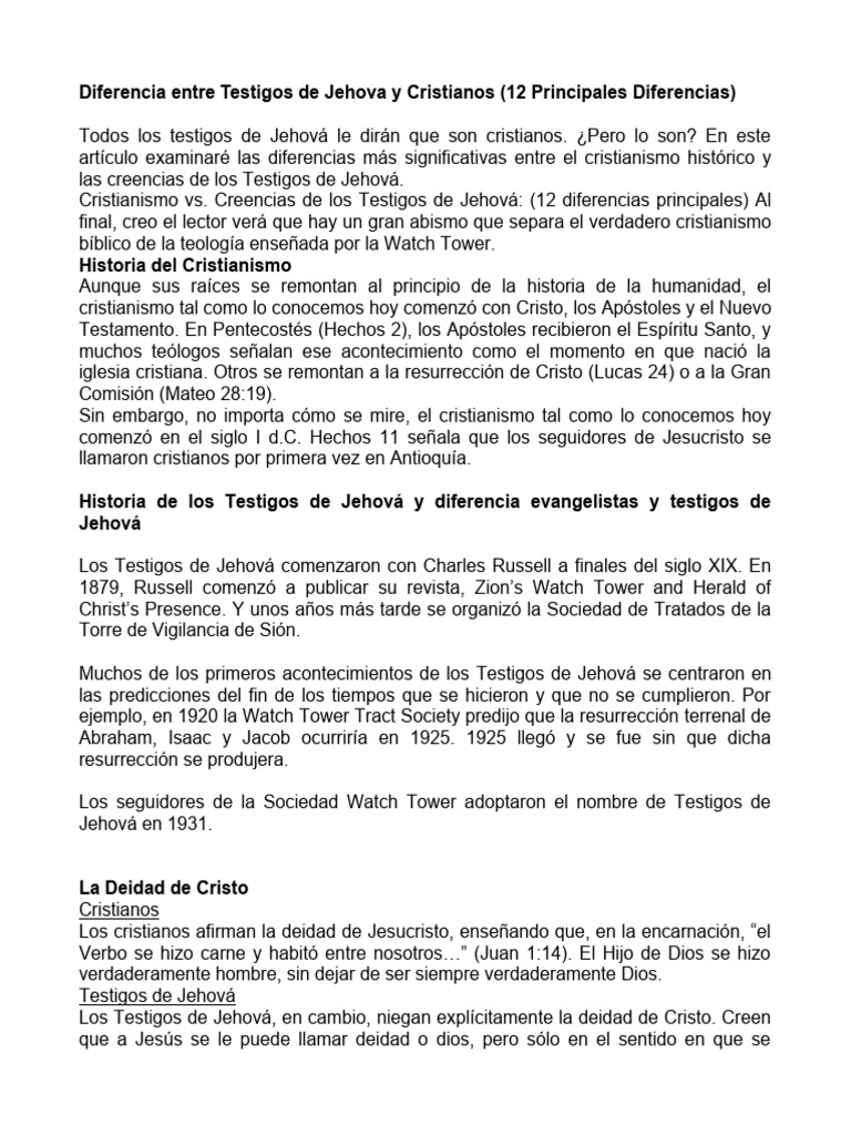 Diferencia Entre Testigos de Jehova y Cristianos | PDF | La ...
