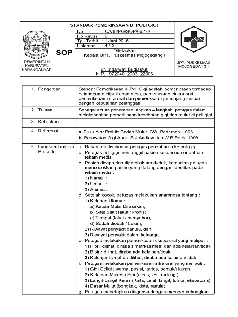 0 Sop Standar Pemeriksaan Di Poli Gigi | PDF | Pengembangan Diri | Kesehatan Holistik
