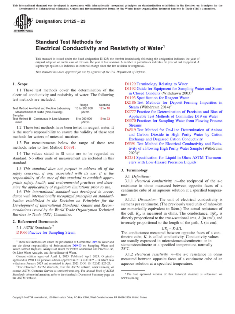Electrical Conductivity and Resistivity of Water: Standard Test Methods ...
