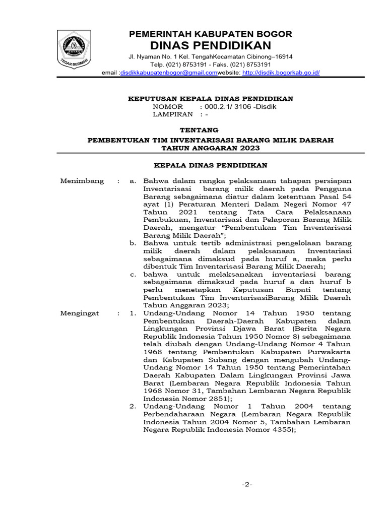 SK Tim Sensus BMD Disdik Tahun 2023 - Contoh | PDF