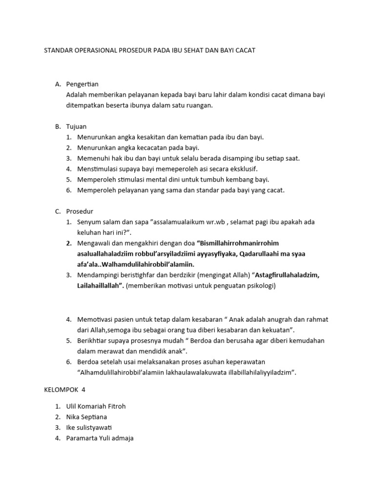 Standar Operasional Prosedur Pada Ibu Sehat Dan Bayi Cacat | PDF