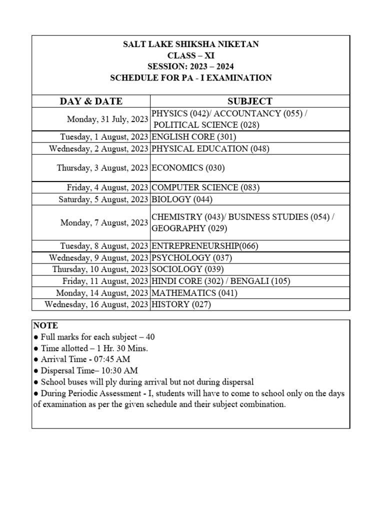 Class XI PA-I Exam Schedule 2023 | PDF