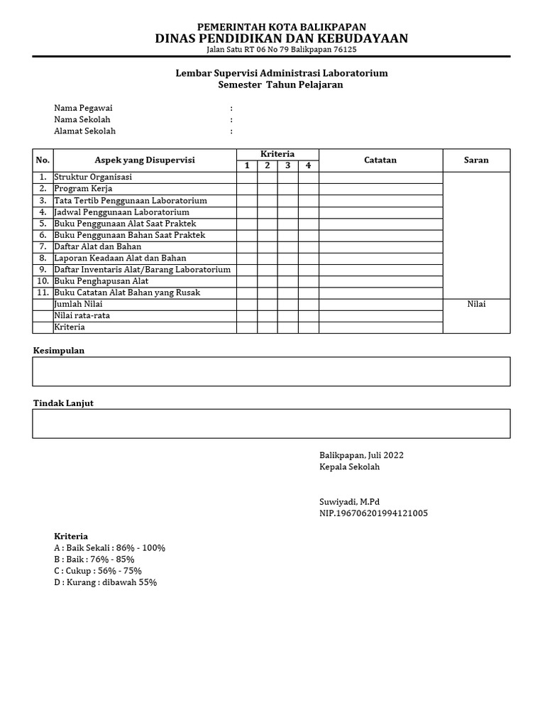Instrumen Supervisi Tendik | PDF