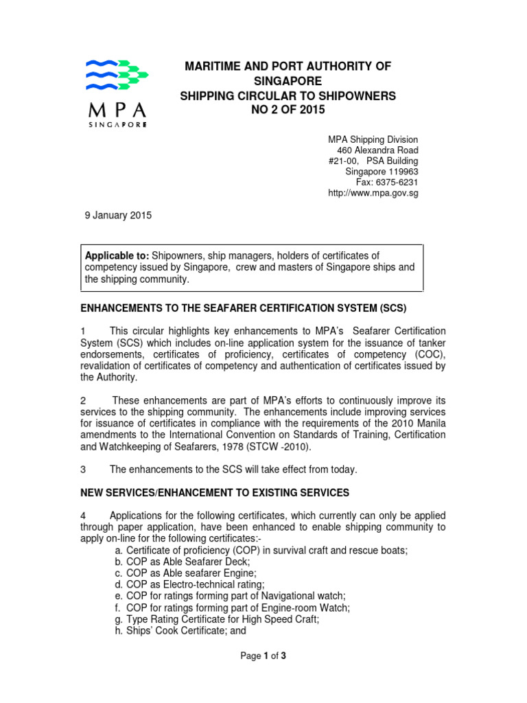 Maritime and Port Authority of Singapore Shipping Circular To ...