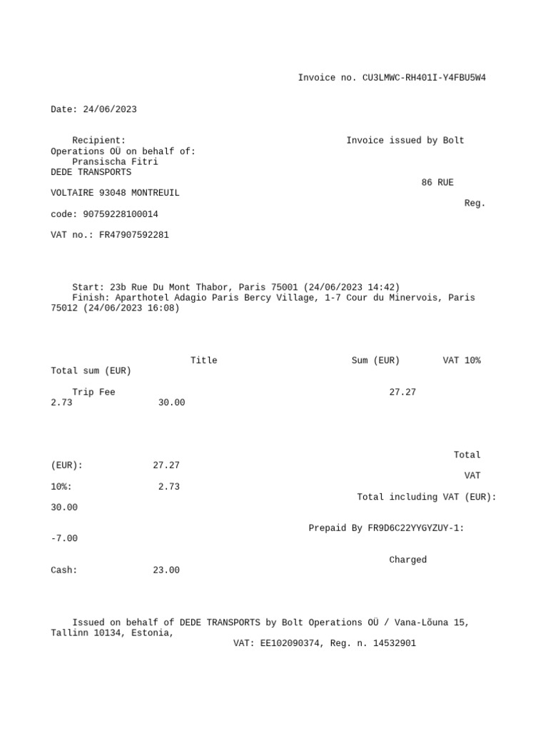 Ride Invoice From Bolt | PDF