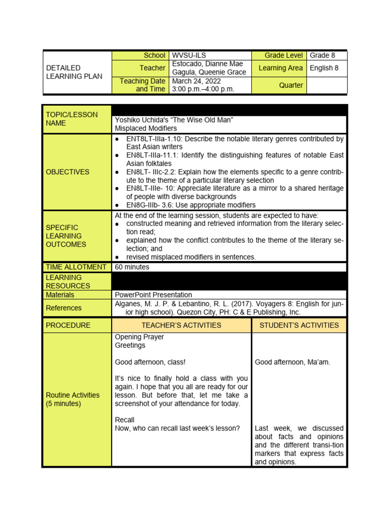 CHECKED Lesson Plan On The Wise Old Woman and Misplaced Modifiers | PDF ...