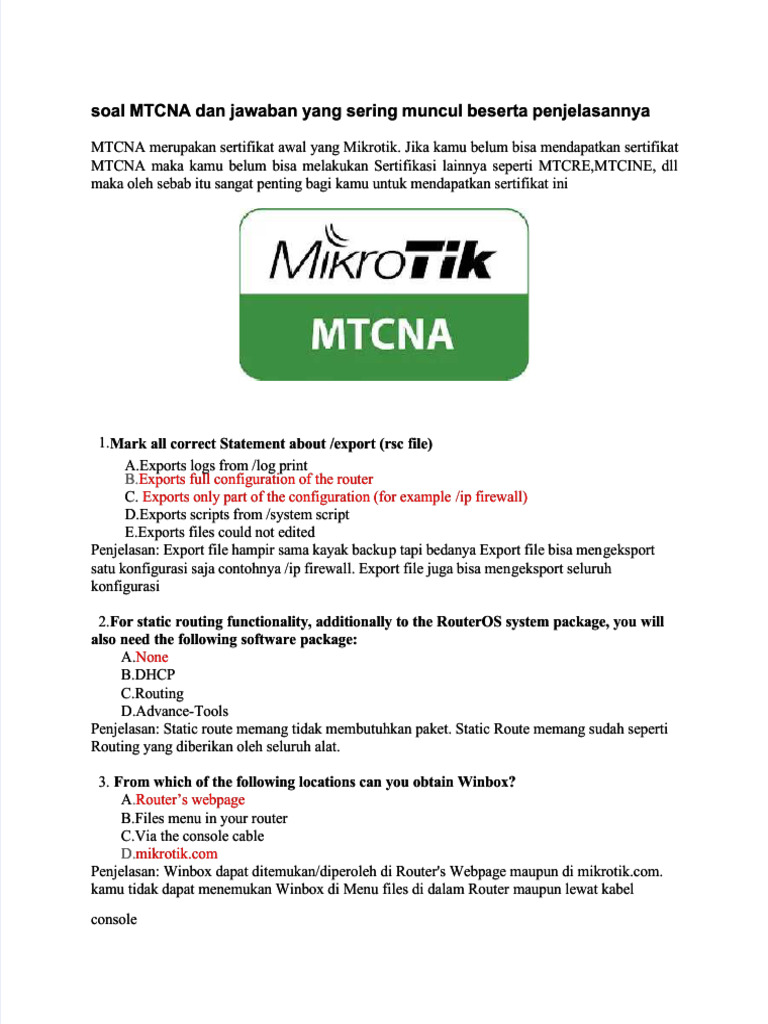 PDF Soal Mtcna Dan Jawaban Yang Sering Muncul Beserta Penjelasannya - Compress | PDF