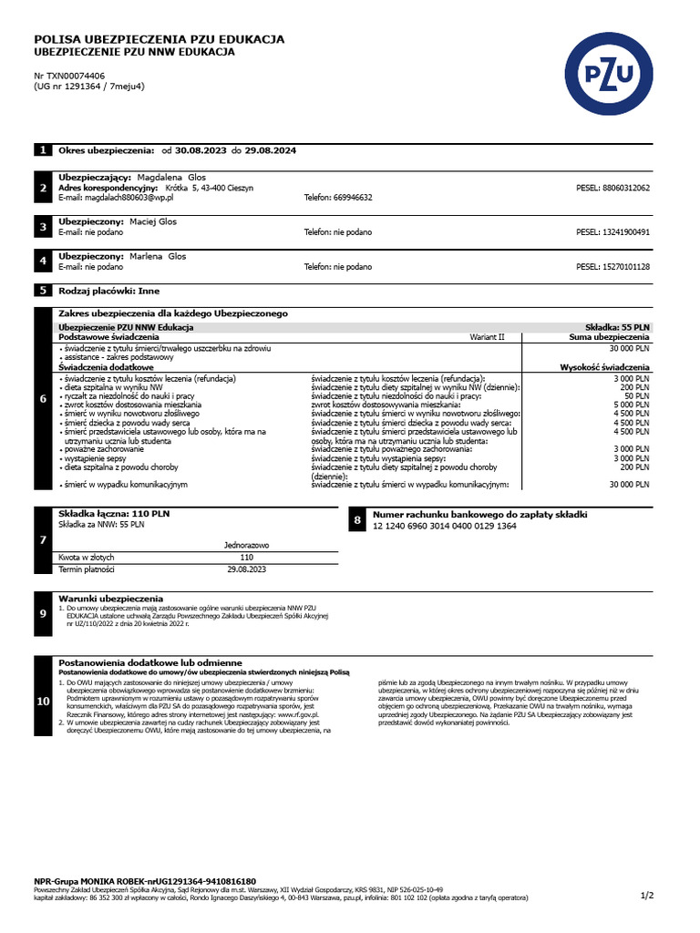 Polisa Ubezpieczenia Pzu Edukacja | PDF