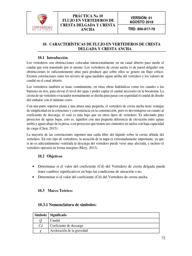 Guía Laboratorio Vertederos | PDF | Descarga (hidrología) | Represa