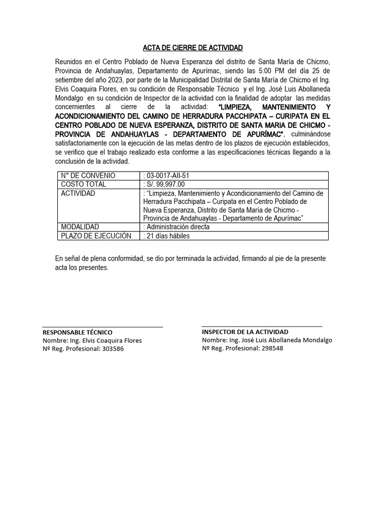 Acta de Cierre de Actividad | PDF