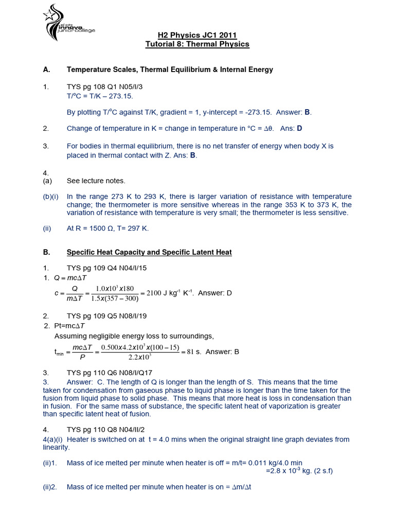 JC1 Thermal Physics Tutorial | PDF | Gases | Heat