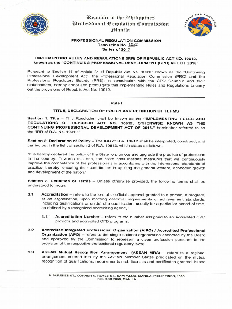 CPD IRR (PRC Res No. 1032 Series of 2017) | PDF