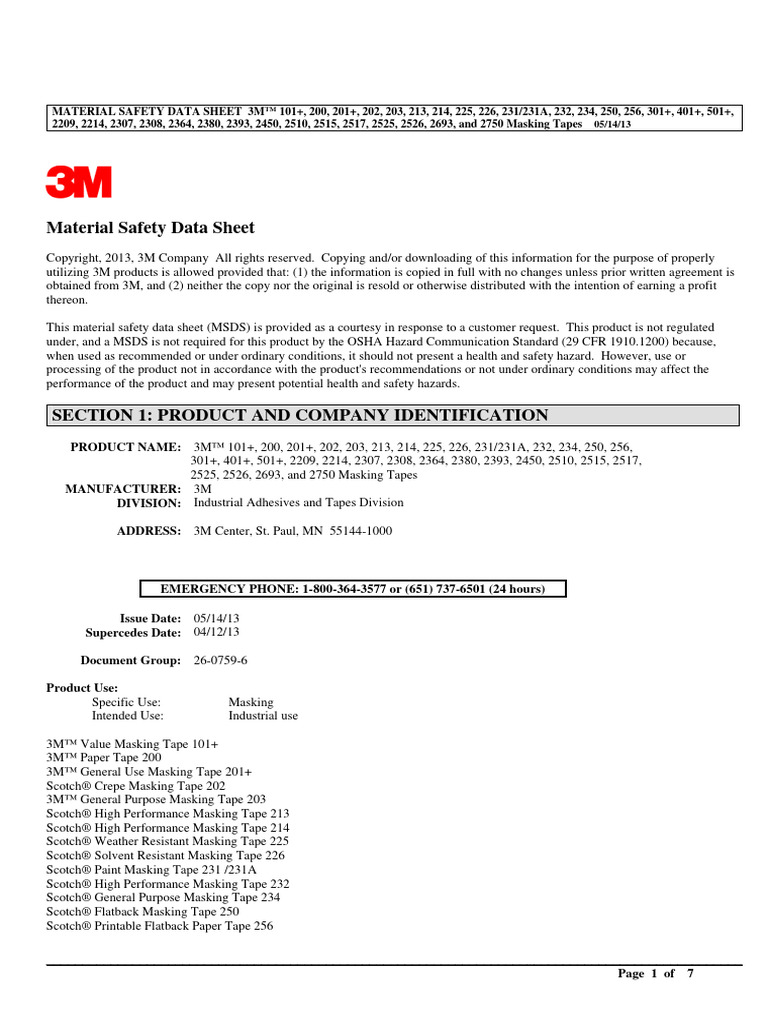 3M 101 Paper Masking Tape 1 X55m MI TAIWAN MSDS | PDF | Waste ...