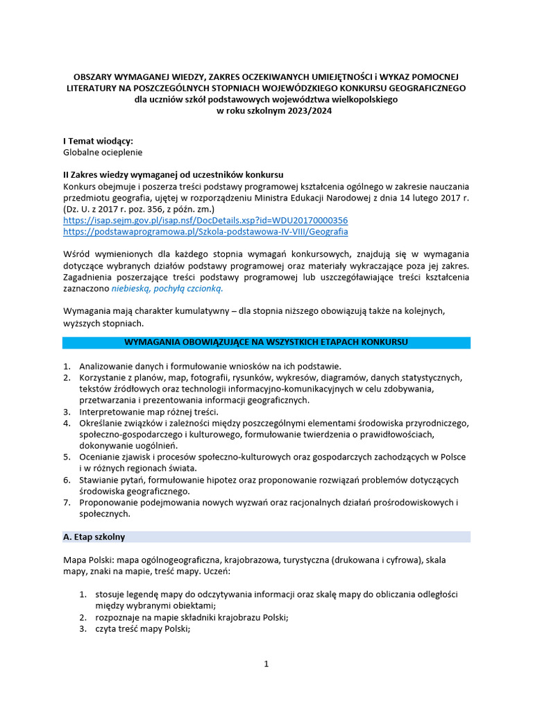 WKG Geografia Konkurs Zakres-Wymagan 2023 2024 | PDF