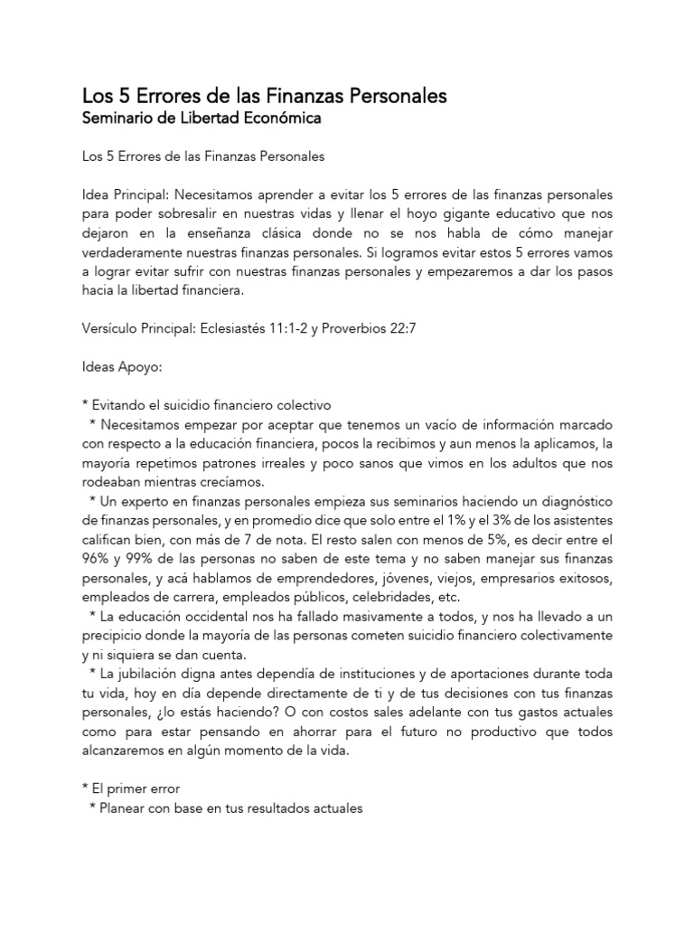Los 5 Errores de Las Finanzas Personales | PDF | Finanzas personales | Dinero