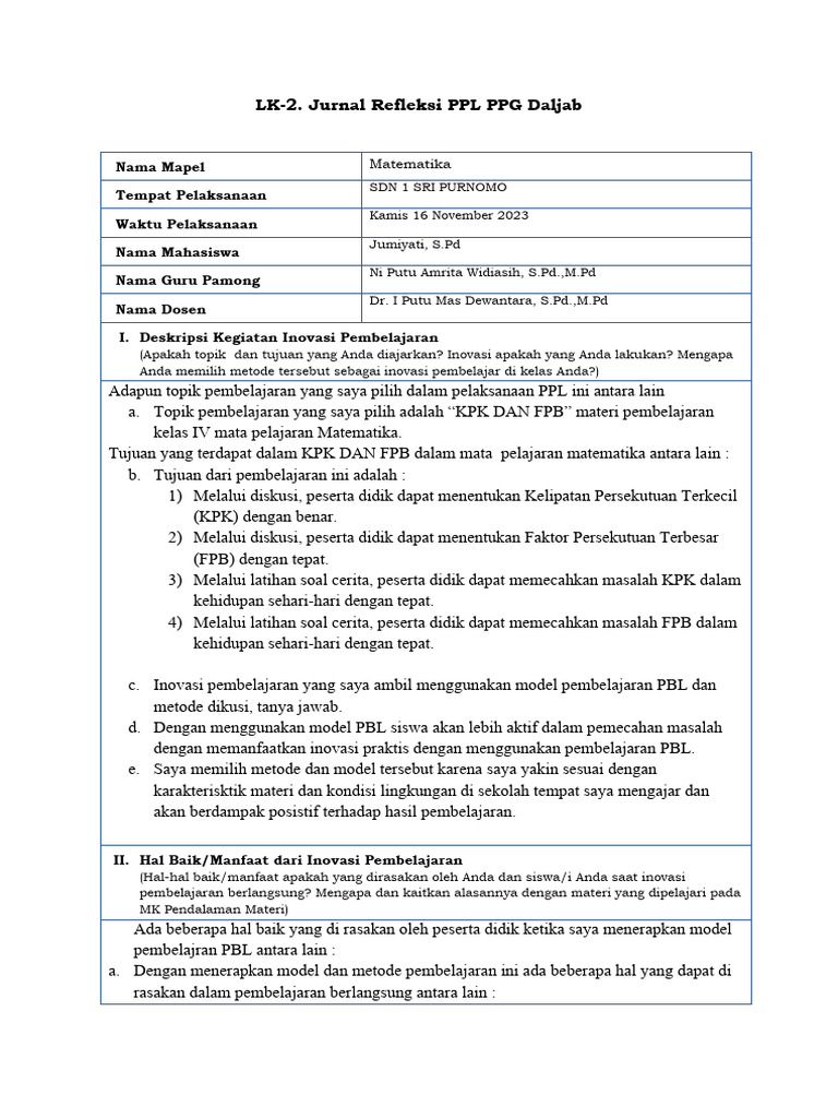 PRODUK BAHAN REFLEKSII NEW (JUMIYATI, S.PD) SIKLUS II | PDF