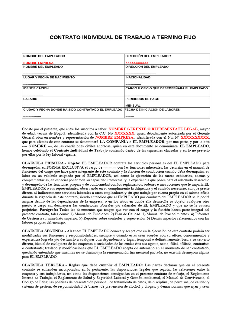 Contrato Individual de Trabajo Fijo | PDF | Salario | Derecho laboral