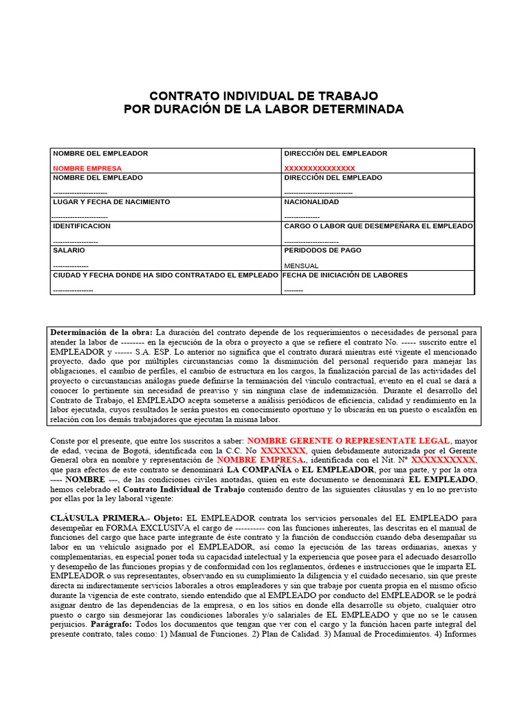 Contrato Obra o Labor Manejo y Confianza | PDF | Derecho laboral | Salario