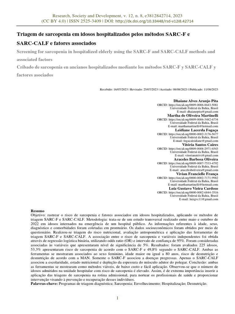 Triagem de Sarcopenia em Idosos Hospitalizados Pelos Metodos Sarc F e ...
