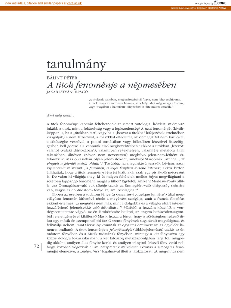 Tanulmány: A Titok Fenoménje A Népmesében | PDF