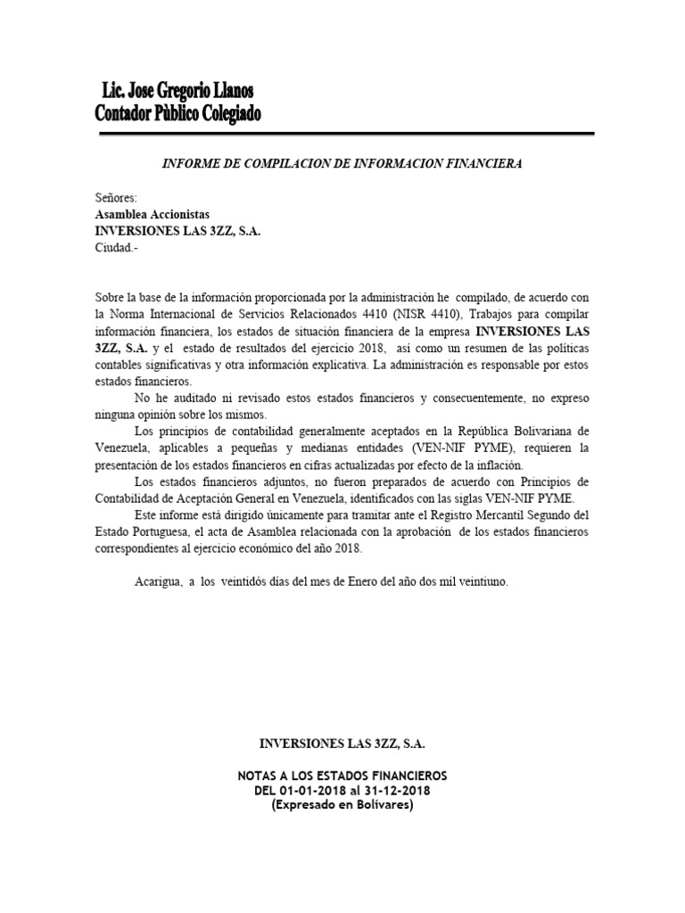 Modelo Informe de Compilacion de Informacion Financiera | PDF | Estado financiero | Contabilidad