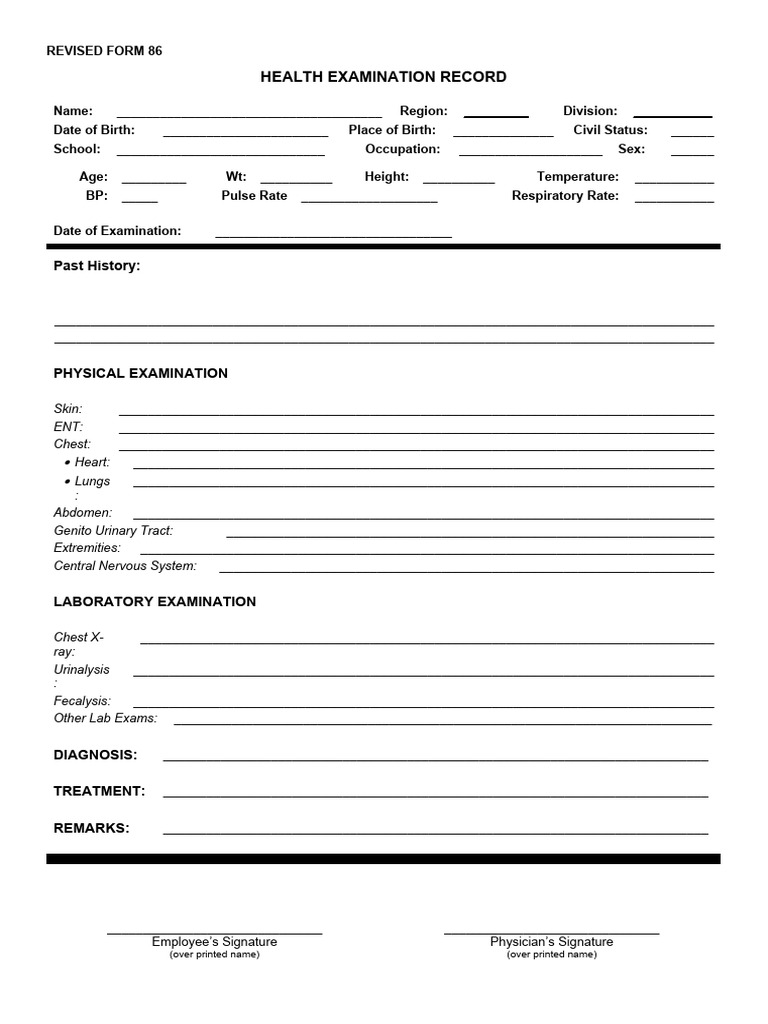 Revised Health Examination Record Form 86 | PDF | Physical Examination ...
