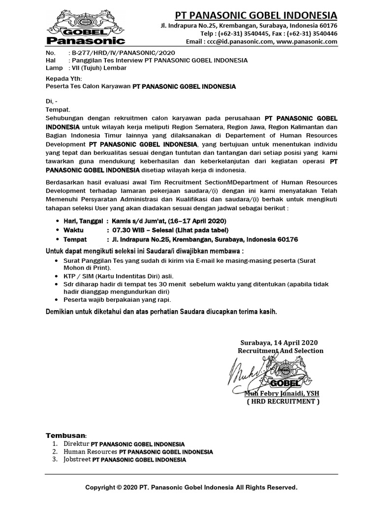 Panggilan Tes Interview PT Panasonic | PDF